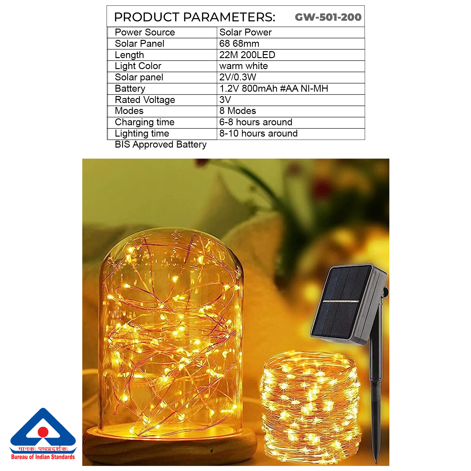 GIGAWATTS Solar String Light 200 LEDs 22m Copper Wire Indoor Outdoor ...