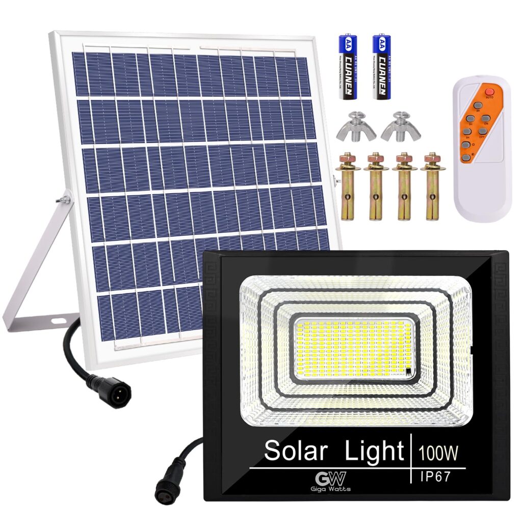 GIGAWATTS 100W Solar Flood Light with 15W Panel & Remote Control ...