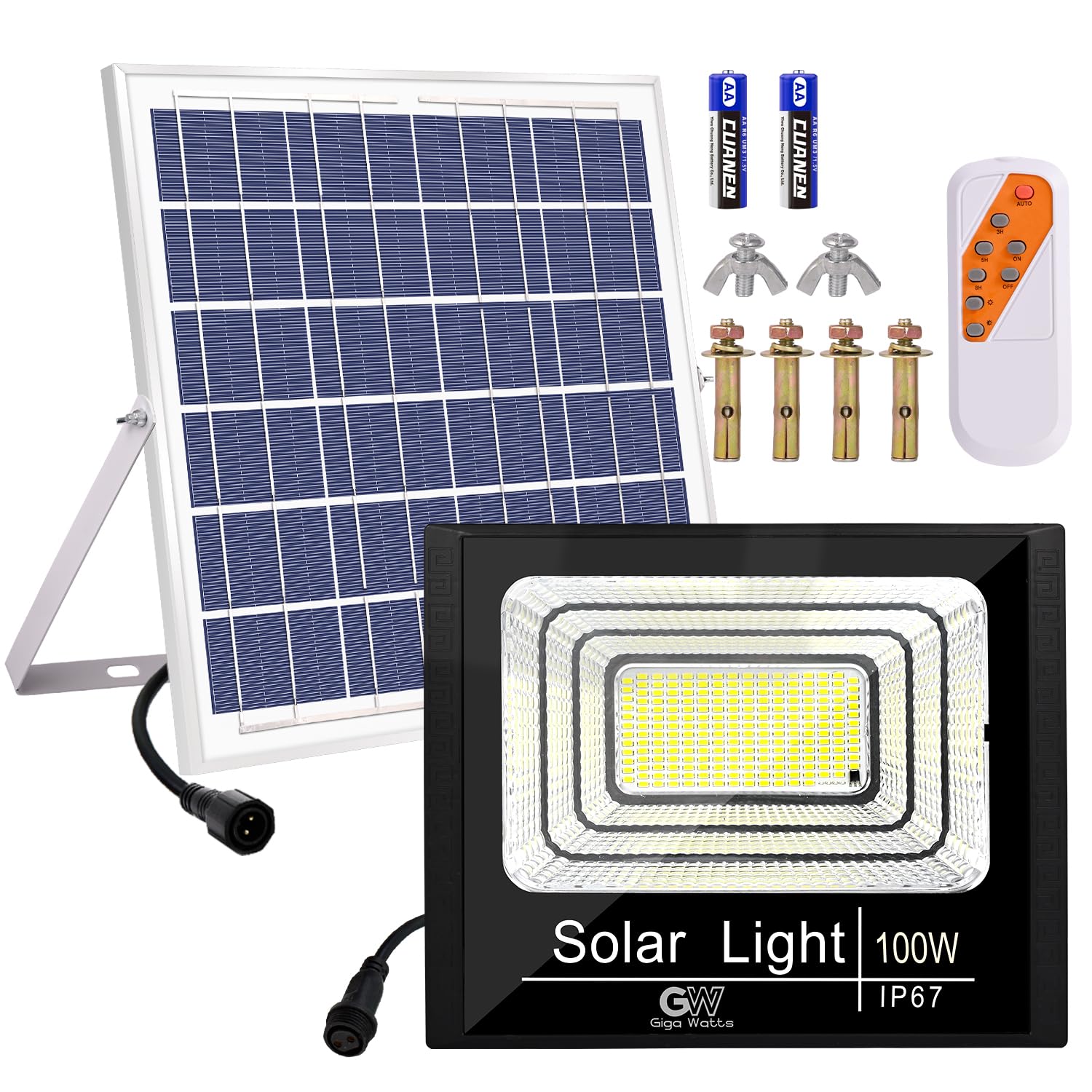 GIGAWATTS 100W Solar Flood Light with 15W Panel & Remote Control ...
