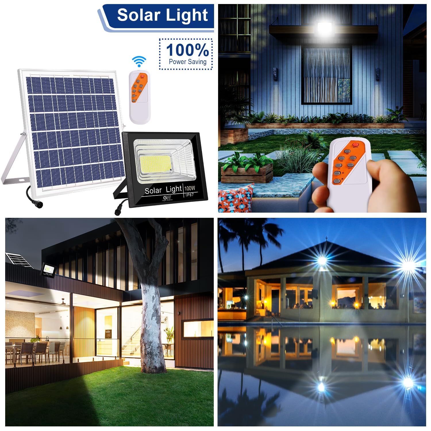 GIGAWATTS 100W Solar Flood Light with 15W Panel & Remote Control ...