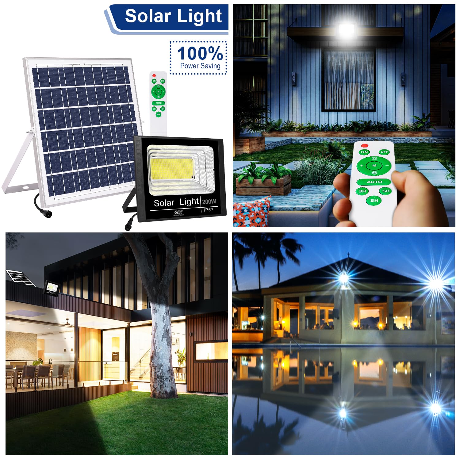GIGAWATTS 200W Solar Flood Light with 20W Panel & Remote Control ...