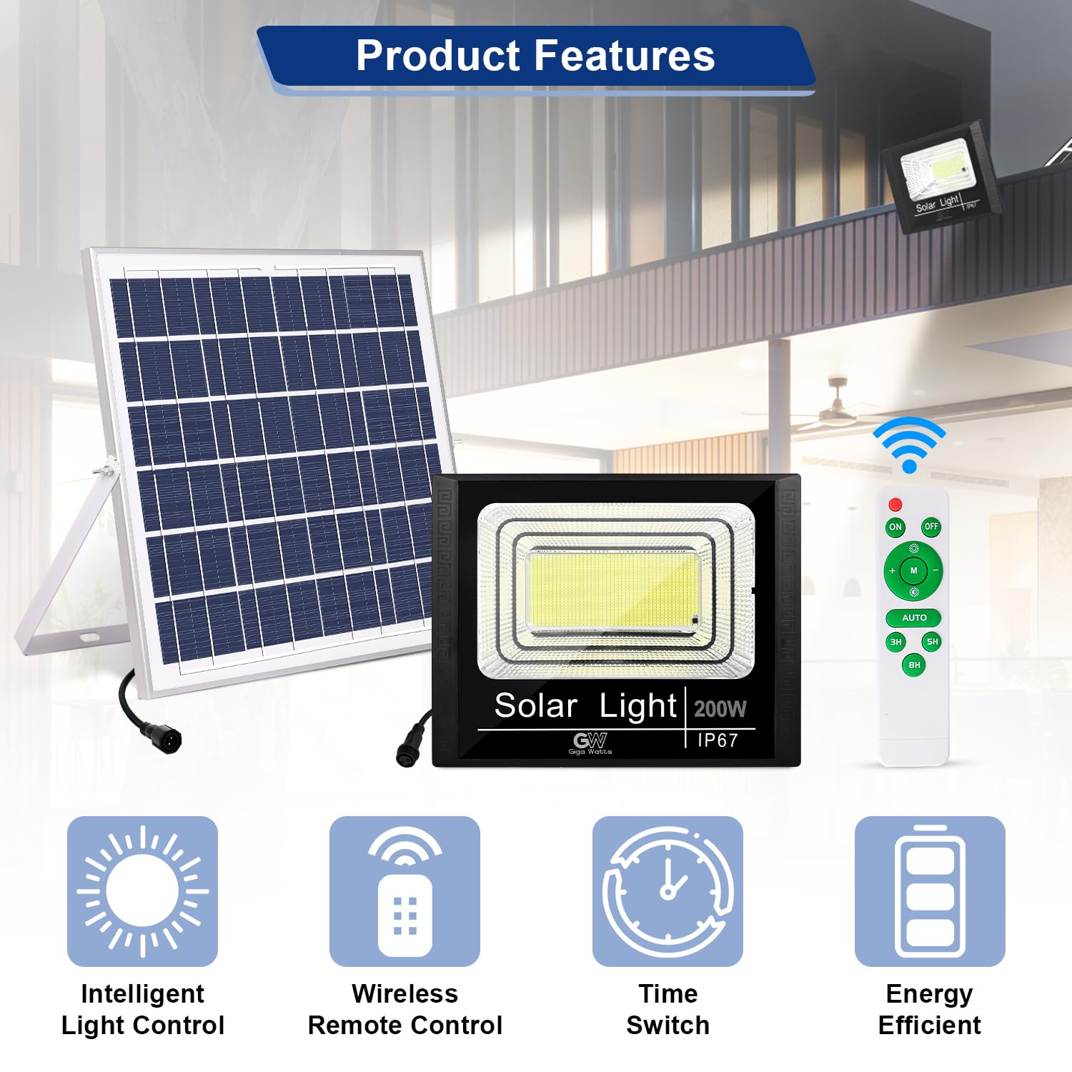 GIGAWATTS 200W Solar Flood Light with 20W Panel & Remote Control ...