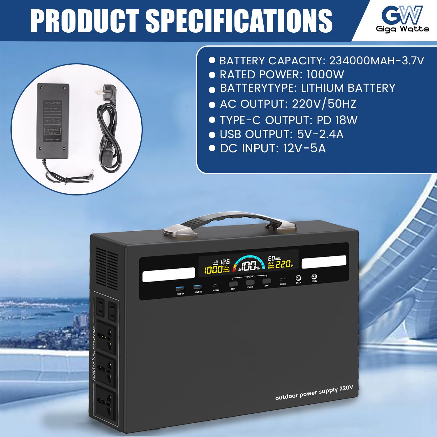 GigaWatts FGPM-1000C 1000W Portable Solar Power Station 960Wh Lithium ...