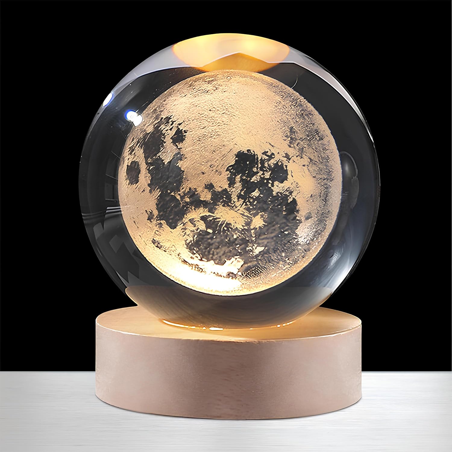 GIGAWATTS Moon Crystal Ball Lamp 3D Effect with Wooden Base LED USB ...